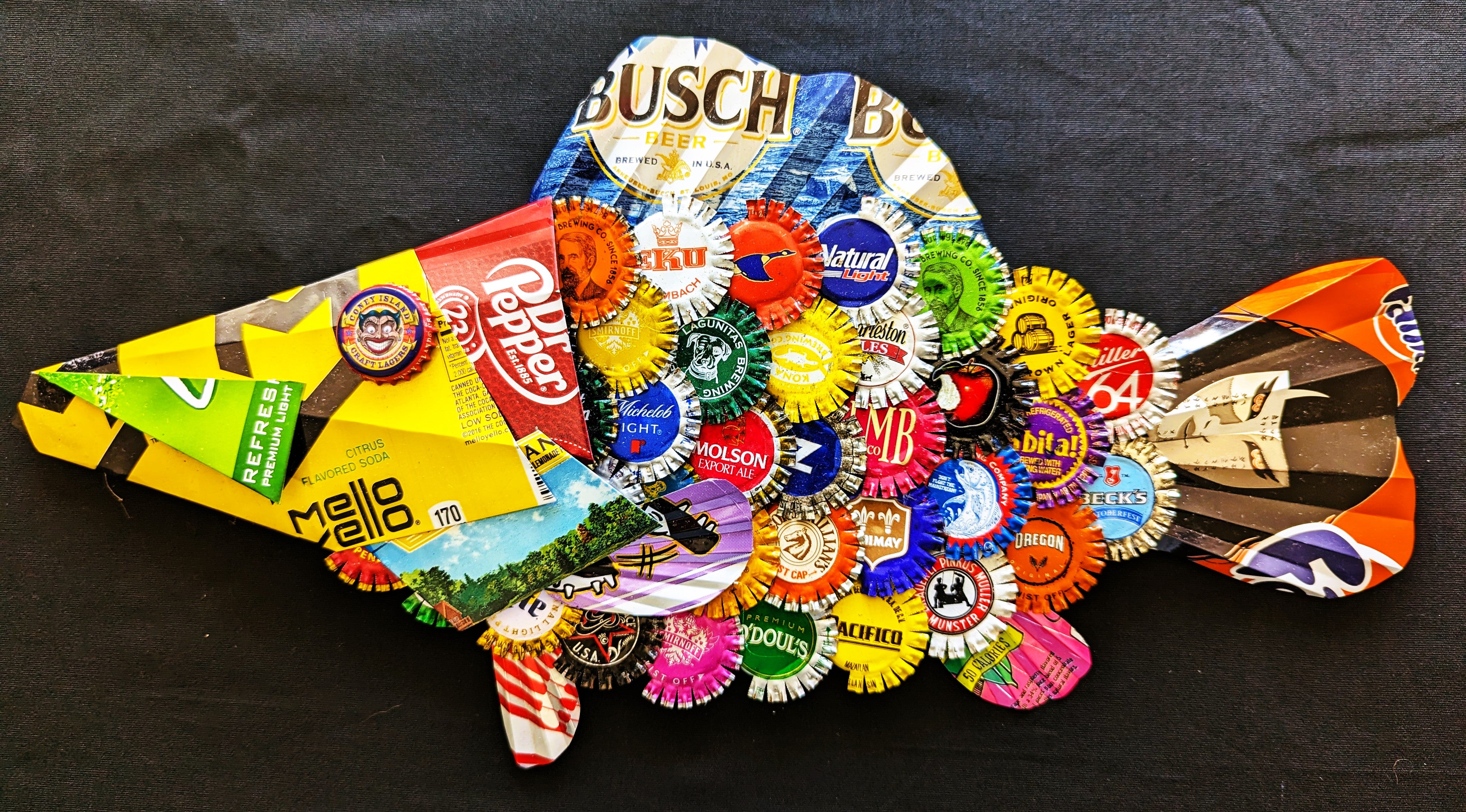 FISH upcycled art, beer cans, bottle caps. wall hanging – Junkbox Artworks